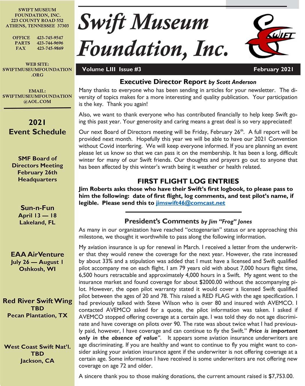 February 2021 Swift Museum Foundation Newsletter