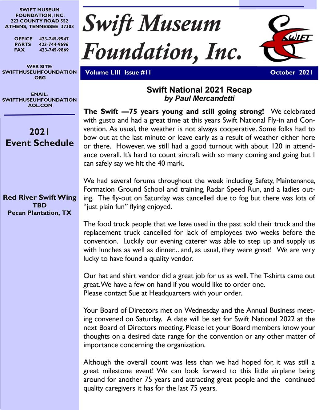 October 2021 Swift Museum Foundation Newsletter - Swift Museum ...