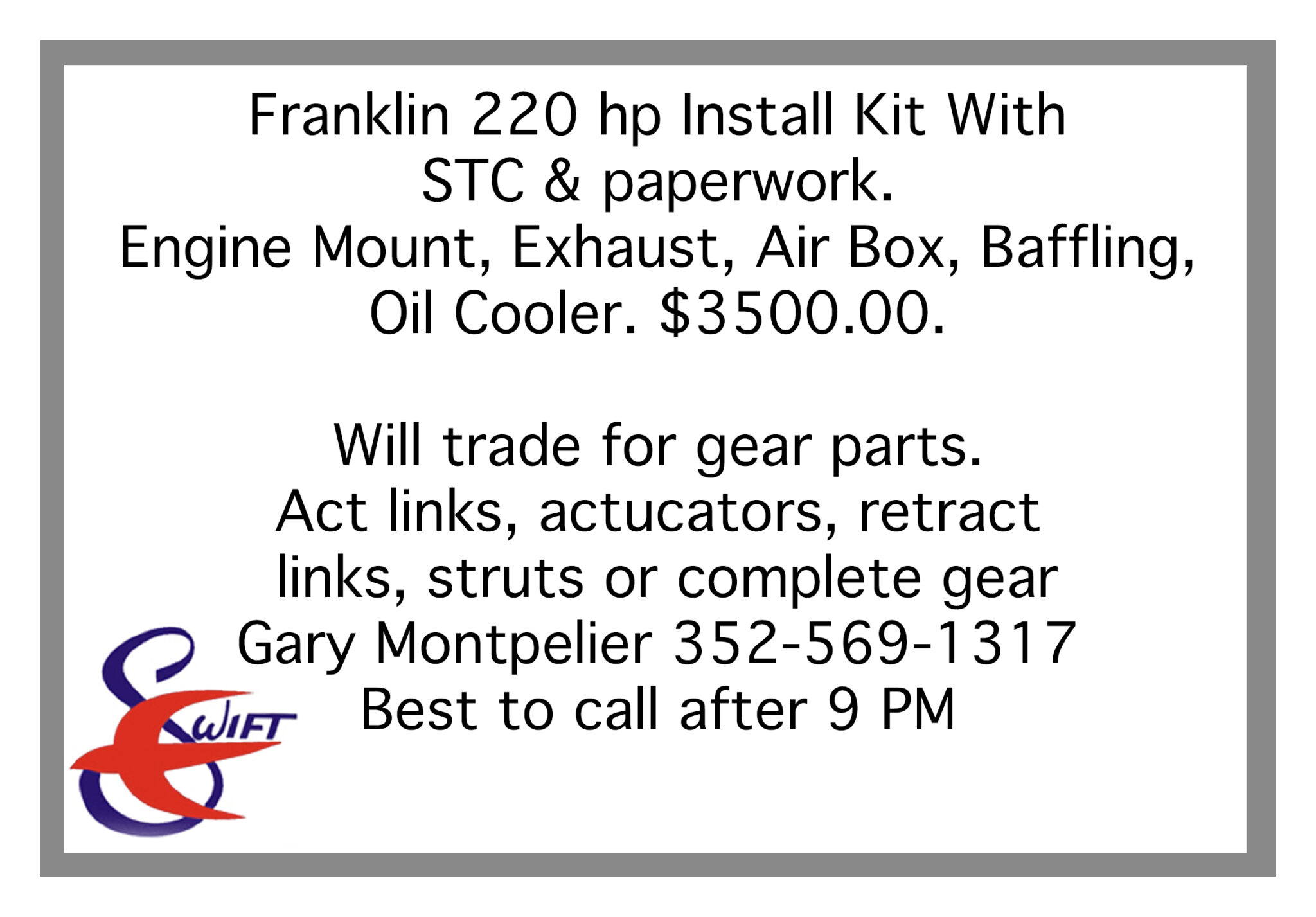 Swift Parts For Sale – Franklin 220 HP Install Kit…