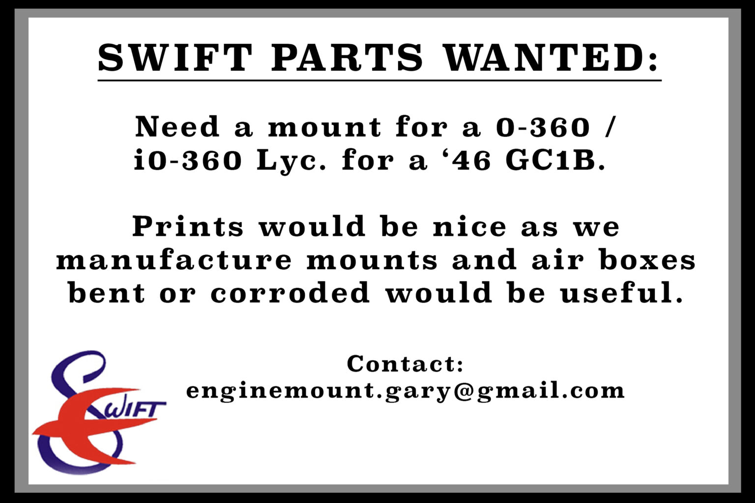 Swift Parts Wanted contact: enginemount.gary@gmail.com