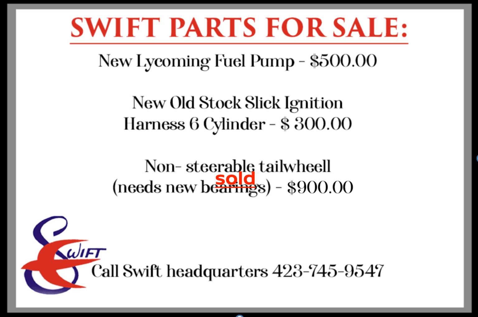 Swift Parts For Sale Contact Headquarters 423-745-9547